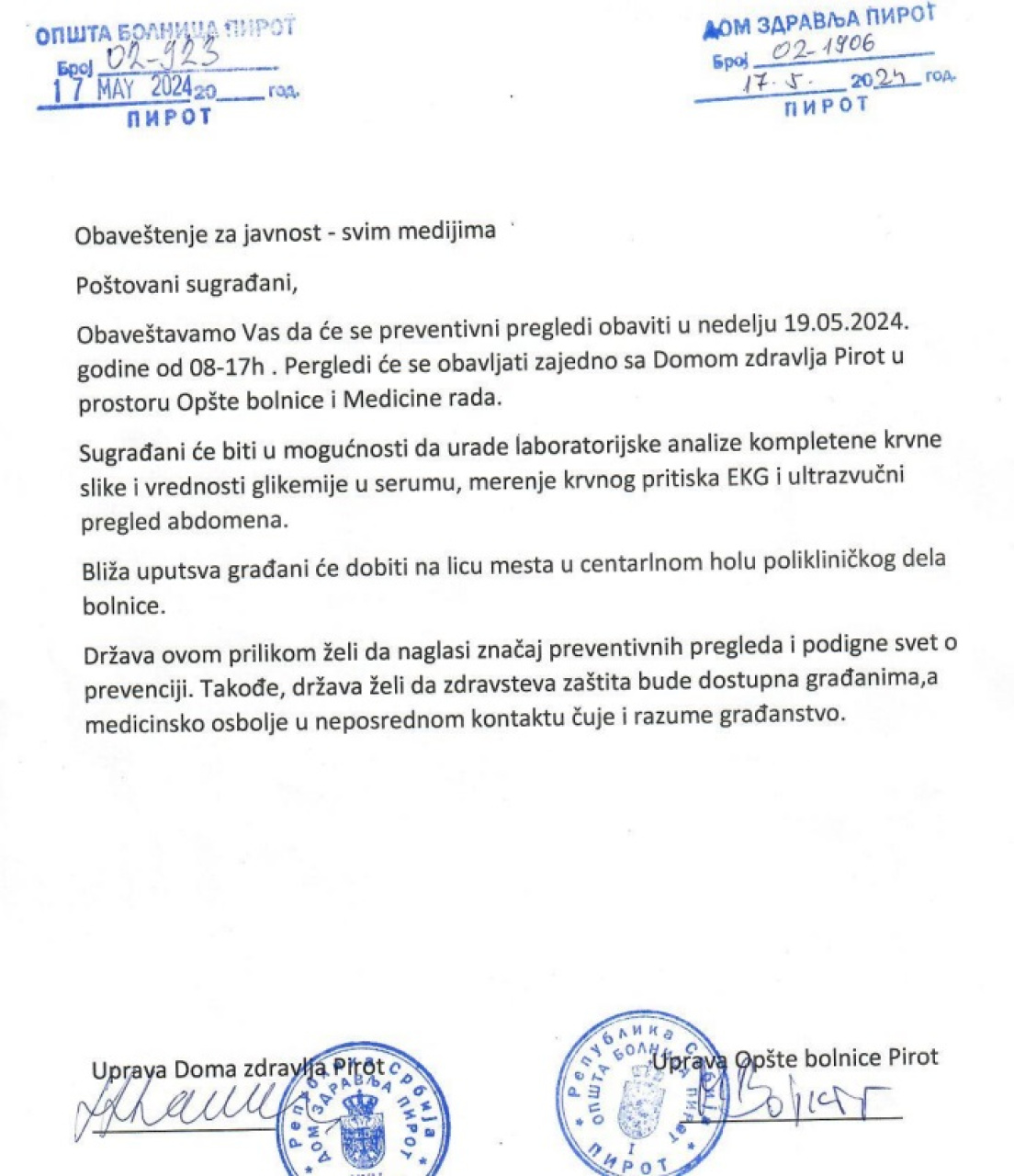 Preventivni pregledi u organizaciji Opšte bolnice i Doma zdravlja Pirot ...
